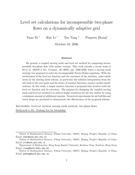 Pdf Level Set Calculations For Incompressible Two Phase Flows On A
