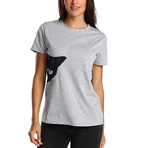Deerhoof Wodceeke Womens Summer Cat Print Round Neck T Shirts Casual