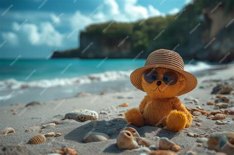 Teddy Bear Wearing A Sunhat On A Sandy Beach With Seashells Perfect For
