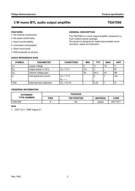 3 W Mono Btl Audio Output Amplifier Tda7056 320volt