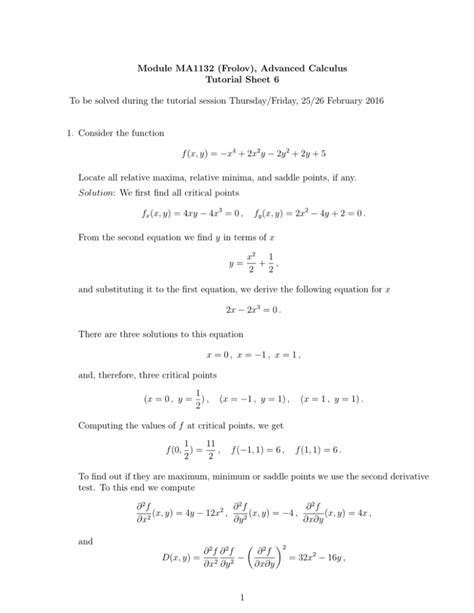 Module Ma1132 Frolov Advanced Calculus Tutorial Sheet 6
