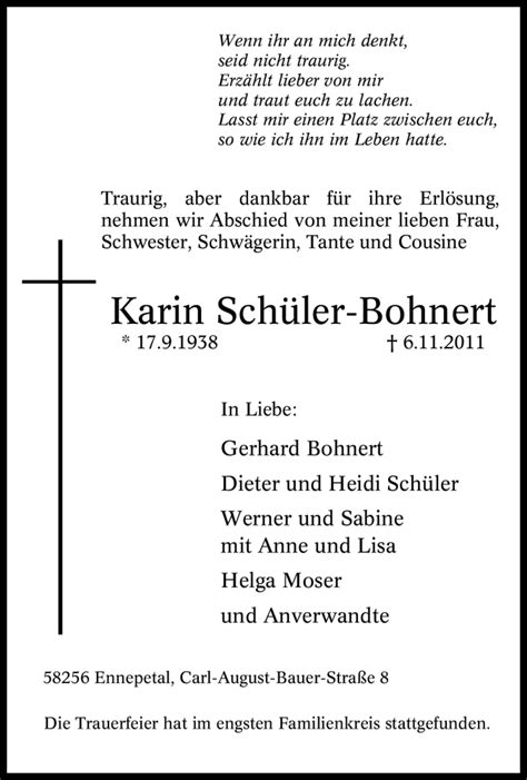 Traueranzeigen Von Karin Schüler Bohnert Trauer In Nrwde