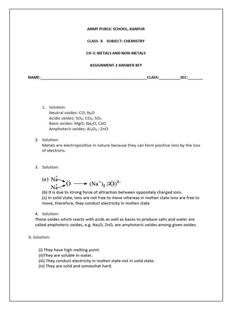 Answer Key Chemistry Cl X Ch Metals And Non Metals Pdf Technology