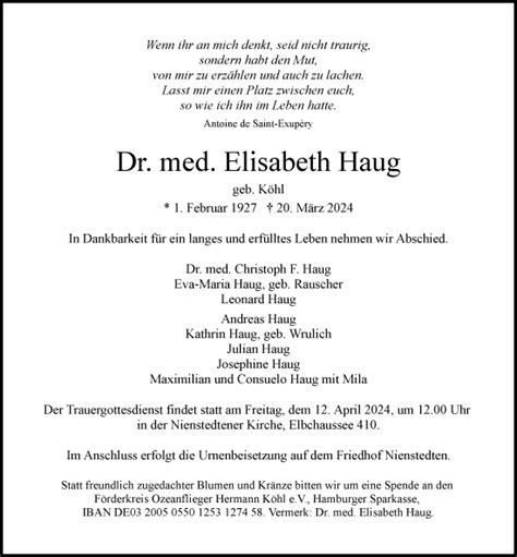Traueranzeigen Von Elisabeth Haug Hamburgertrauerde