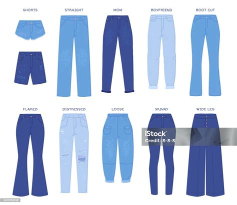 청바지 바지 절단 데님 바지 모델 유형 청바지 옷 스타일 캐주얼 핏 바지 패션 의류 컬렉션 남자 친구 스키니 또는 헐렁한 의상 화려한 벡터 일러스트 레이 션 광대한에 대한