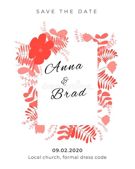 Wedding Invitation Design In Flat Style Rectangular Card Decorated With Red Leaves And Flowers