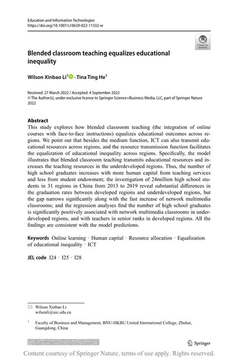 Blended Classroom Teaching Equalizes Educational Inequality