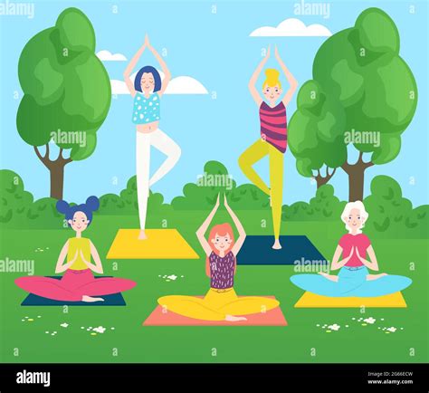 Yoga In Park Flat Vector Illustration Girls Characters Practising Yoga