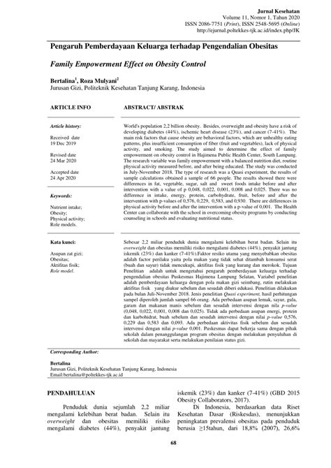 Pdf Pengaruh Pemberdayaan Keluarga Terhadap Pengendalian Obesitas