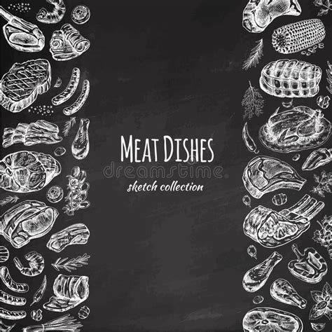 Meat And Vegetables Menu Template In Engraved Vintage Style Hand Drawn