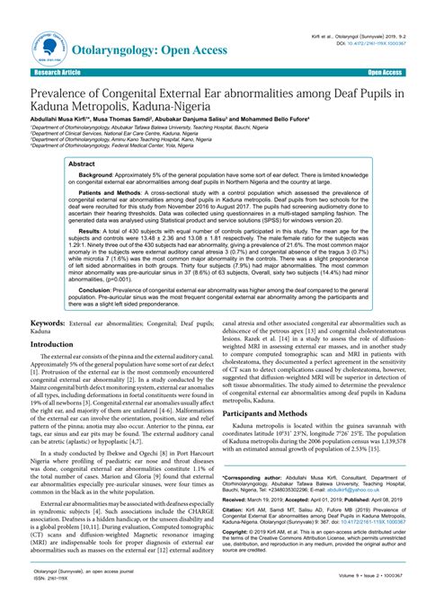 Pdf Prevalence Of Congenital External Ear Abnormalities Among Deaf Pupils In Kaduna Metropolis