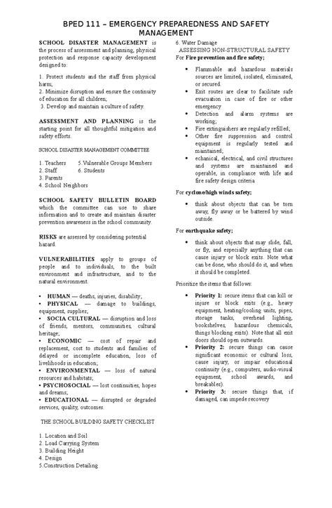 Bped 111 Reviewer Bped 111 Emergency Preparedness And Safety Management School Disaster