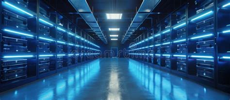 Illuminated Server Room With Blue Neon Lights And Data Racks Stock Image Image Of