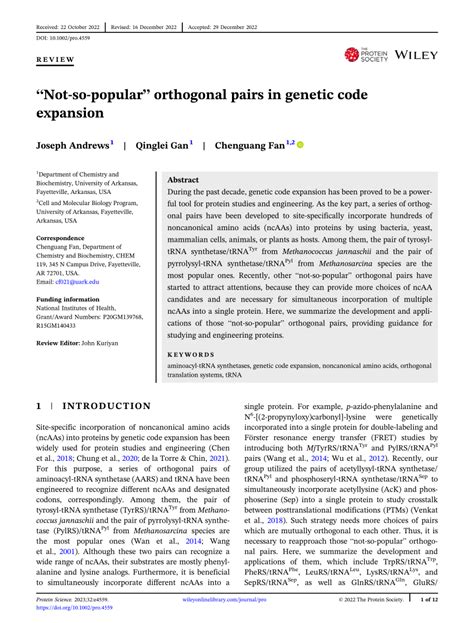 Pdf “not‐so‐popular” Orthogonal Pairs In Genetic Code Expansion