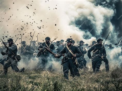 Civil War Soldiers Engaged In Battle Smoke And Chaos All Around