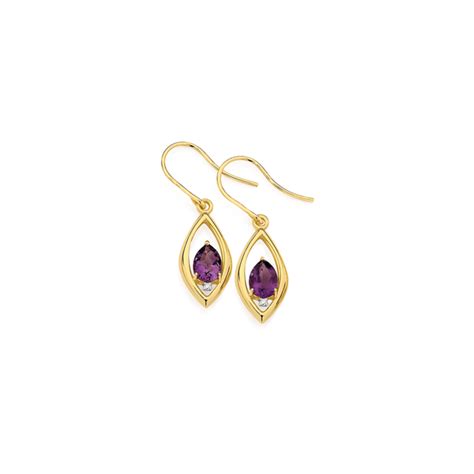 9ct Gold Amethyst And Diamond Hook Earrings In Purple Prouds