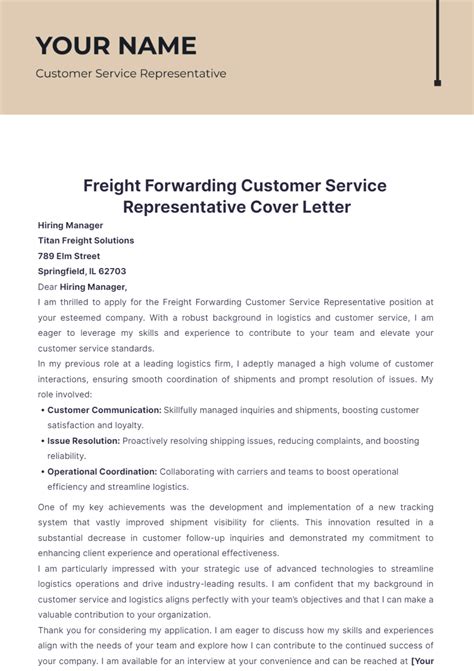 Free Freight Forwarding Customer Service Representative Cover Letter Template To Edit Online