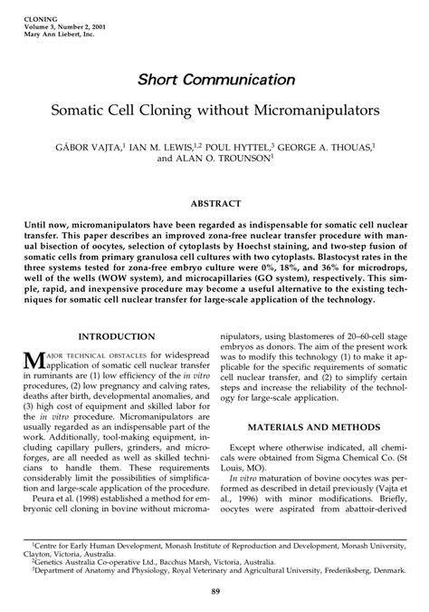 Pdf Somatic Cell Cloning Without Micromanipulators