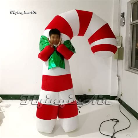 Christmas Parade Performance Walking Inflatable Candy Cane Costume 2m Blow Up Sweet Crutch Model