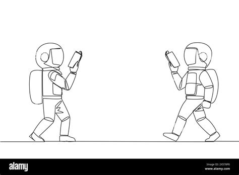 Single Continuous Line Drawing Two Astronauts Walking Face To Face Reading Books Gesture Of