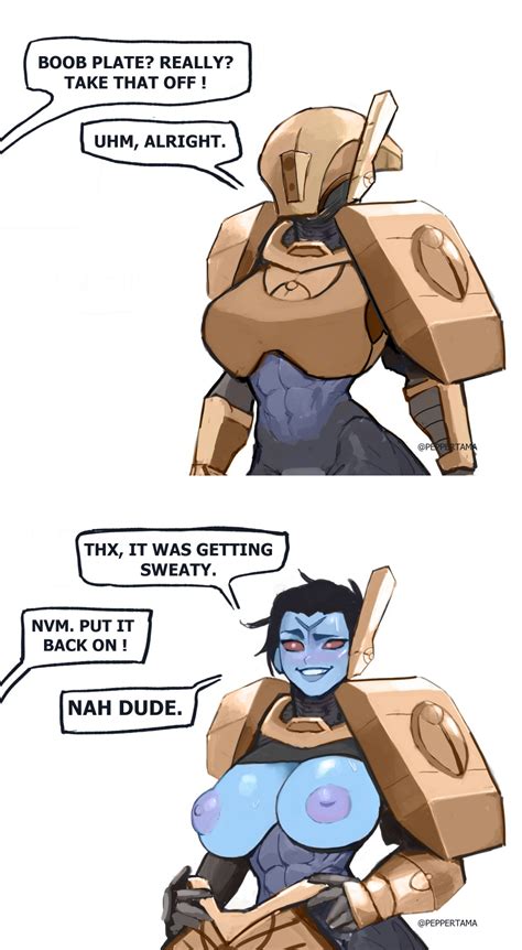 Rule 34 1girls Airing Out Alien Armor Blue Skin Bodysuit Boob Armor