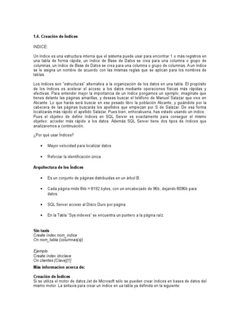 14 Creación De Índices Pdf Tabla Base De Datos Puntero Programación De Computadora