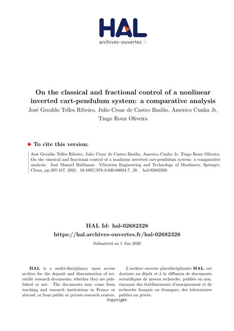 Pdf On The Classical And Fractional Control Of A Nonlinear Inverted Cart Pendulum System A