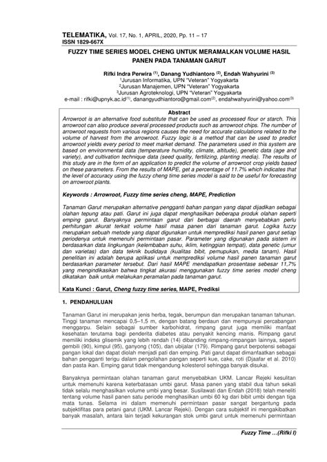 Pdf Fuzzy Time Series Model Cheng Untuk Meramalkan Volume Hasil Panen Pada Tanaman Garut
