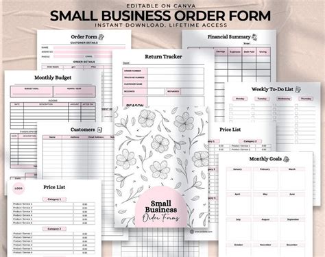 Printable Small Business Oder Forms Editable Order Forms Bundle Monthly Goals Budget Price List