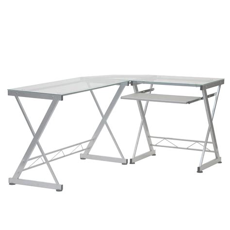 L Shaped Tempered Glass Top Computer Desk With Pull Out Keyboard Panel