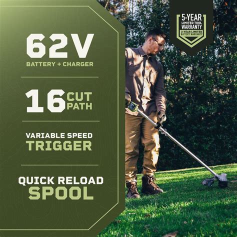 Green Machine Gmst6200 A 62v Cordless Battery 16in String Trimmer Cut Swath Brushless Motor