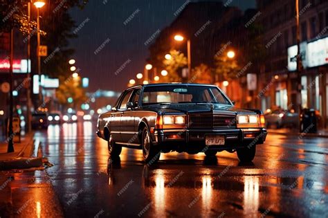 Oncoming Traffic Vintage Classic Car In The City At Night With