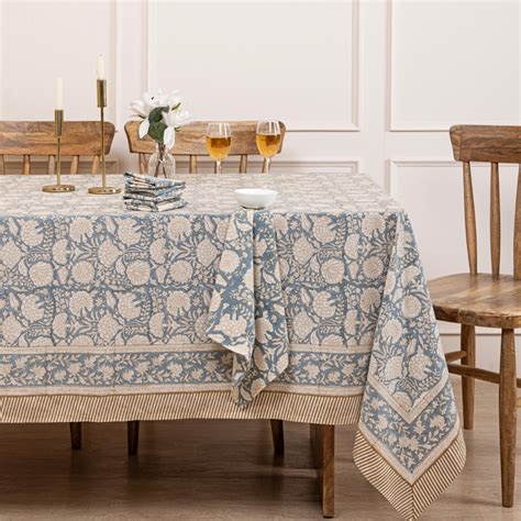 Handcrafted Dusty Blue Block Printed Tablecloth Ideal For Dining