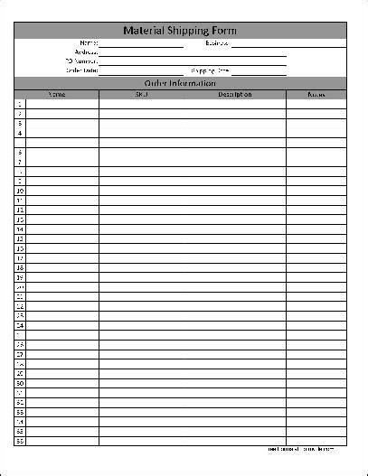 Free Basic Numbered Row Material Shipping Form From Formville