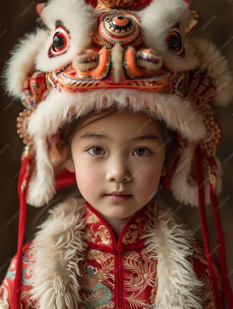 Un Chico Chino Guapo De 10 Años Con Un León Bailando En La Cabeza Blanco Y Rojo Con Rostro