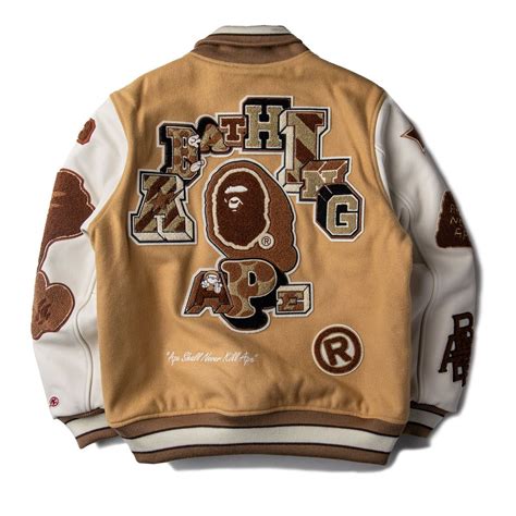 A Bathing Ape Motif Varsity Jacket Beige A Bathing Ape Varsity