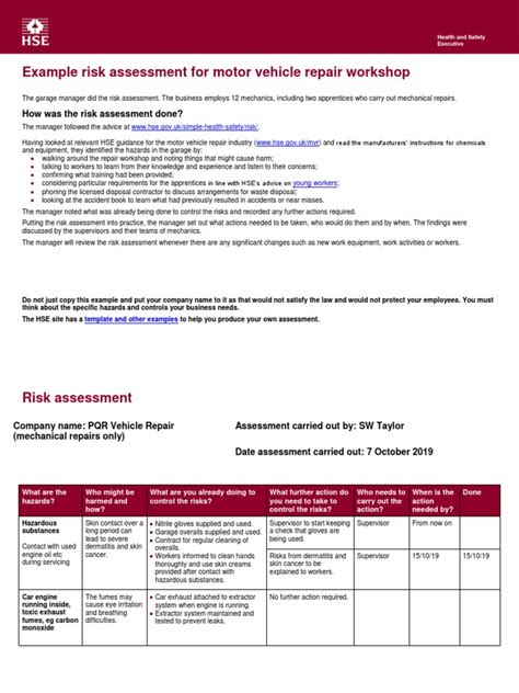 Example Risk Assessment For Motor Vehicle Repair Workshop Pdf Risk