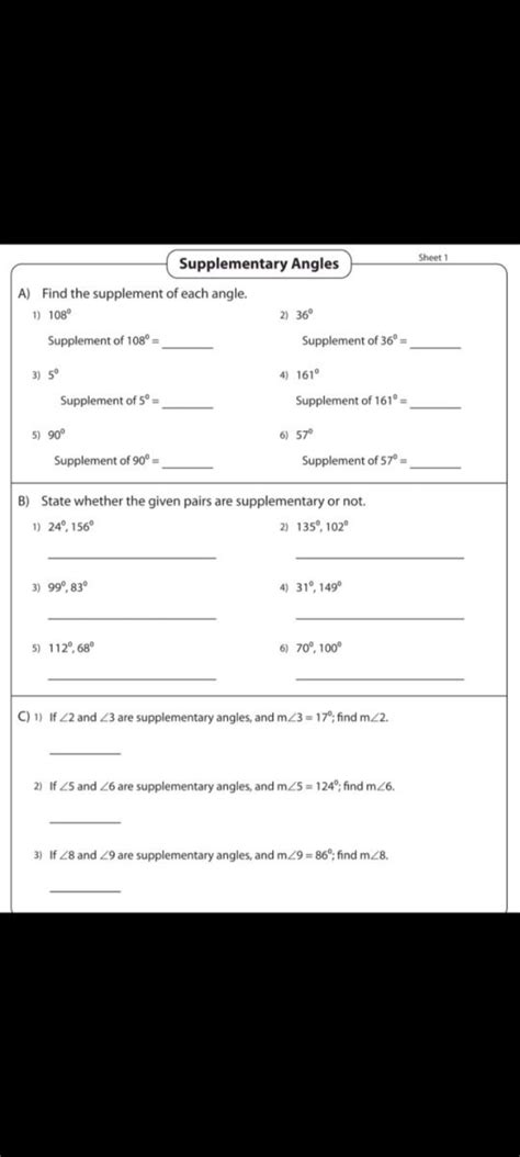 Supplementary Anglessheet 1a Find The Supplement Of Each Angle1 108