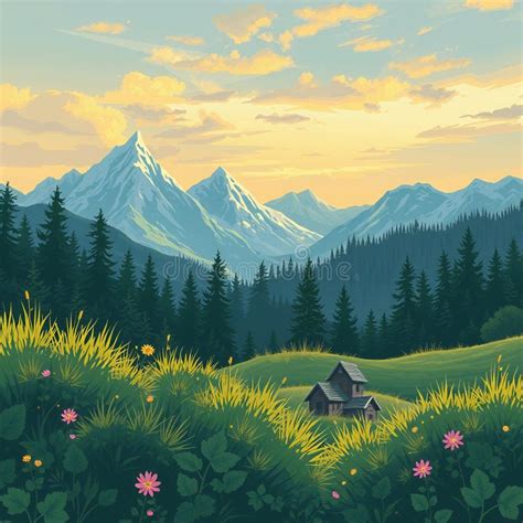 A Small Cabin Nestled In A Grassy Valley With Snowcapped Mountains In