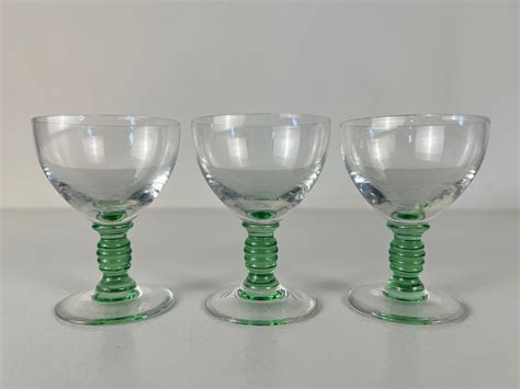 3 Delicate Shot Glasses Liquor Glasses Beautiful Decorated Sea Green Stem And Clear Glass