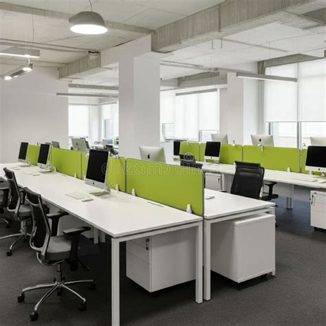 Modern Office Space With Rows Of White Desks And Green Privacy Dividers