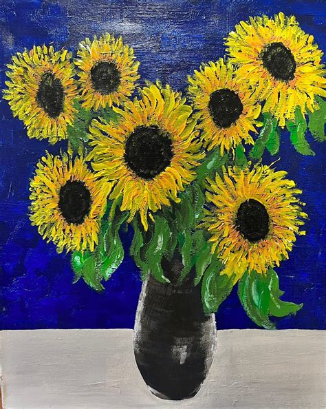 Contemporary British Sunflowers In Vase Blue Background Colourful