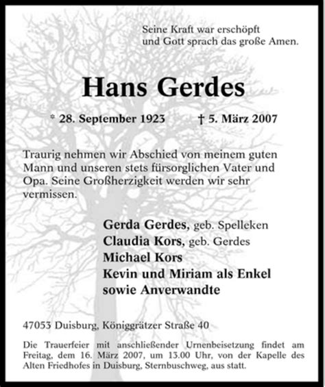 Traueranzeigen Von Hans Gerdes Trauer In Nrw De