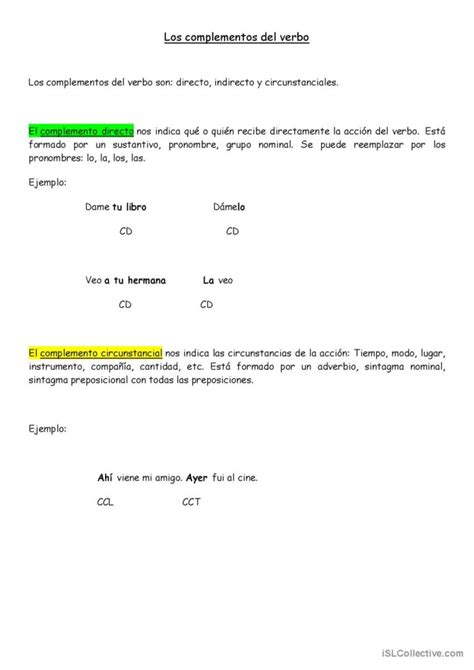 Complementos Del Verbo Comprensión… Español Ele Hojas De Trabajo Pdf And Doc