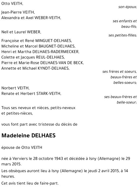 Avis De Décès De Madeleine Delhaes Décédé Le 29 03 2015 à Annonce