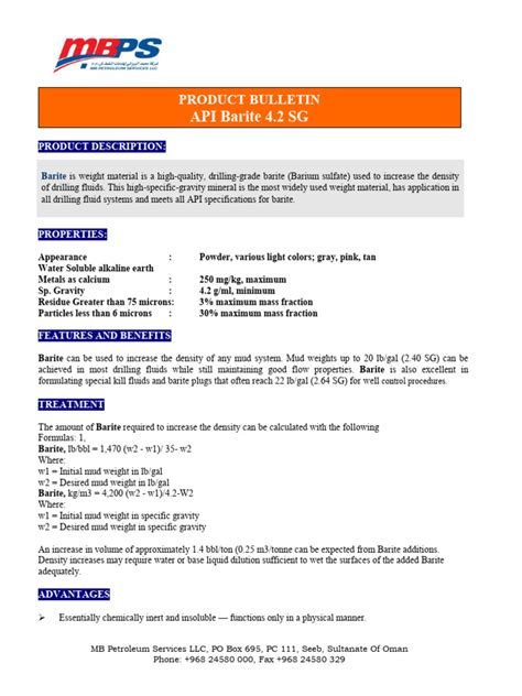 Api Barite 42 Sg Pds Pdf Density Materials