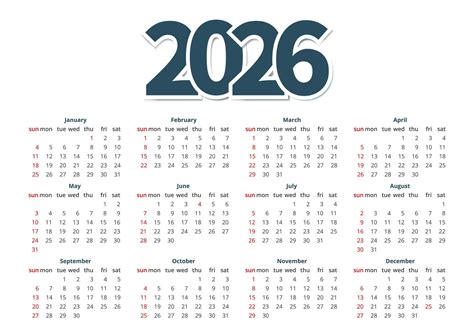 Moderno Horizontal Calendario Modelo Para 2026 Con Semana Comenzando En Domingo 63503296 Vector