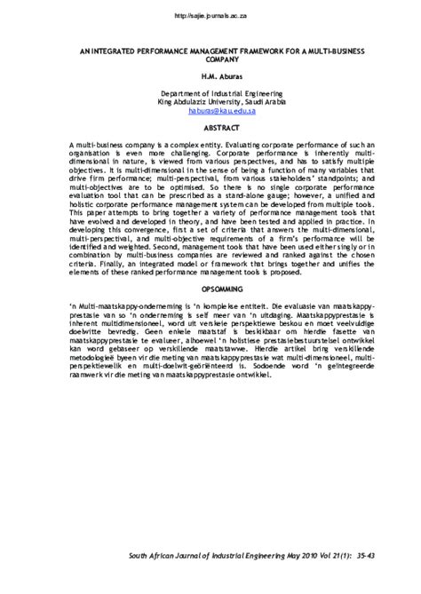 Pdf An Integrated Performance Management Framework For A Multi Business Company