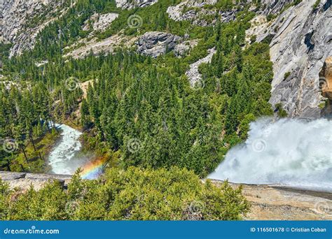 Vernal Falls In Yosemite National Park View From The Top With Rainbow