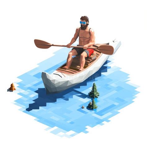 Isometric Voxel Art Illustration Of A Man Kayaking In Water Stock